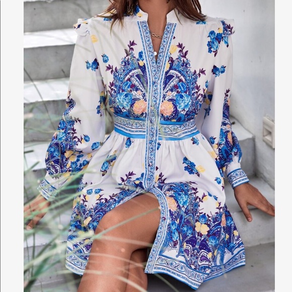 Dresses | Boho Floral Paisley Print Puff Sleeve Open Front Dress | Poshmark